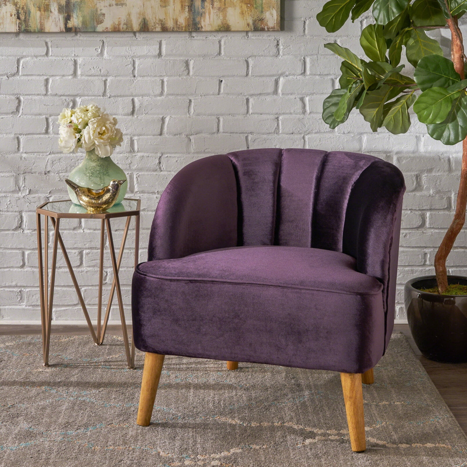 Mid-Century Modern Velvet Accent Chair with Sustainable Rubberwood Legs ...