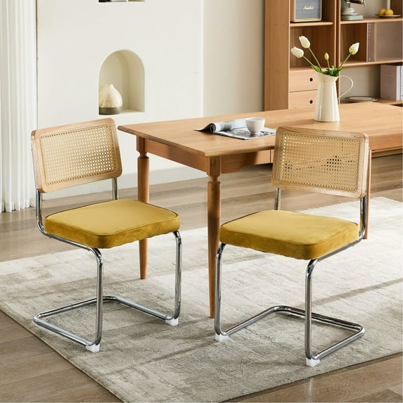 Mid Century Modern Velvet Dining Chairs / Rattan Back, Rich Texture for ...