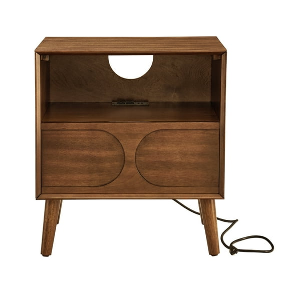 Mid Century Modern Walnut Nightstand with Charging Station, Drawer ...