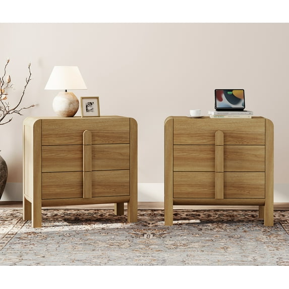 Mid-Century Modern Wood Nightstand Set of 2 with 3 Drawers ,31.5" Large ...