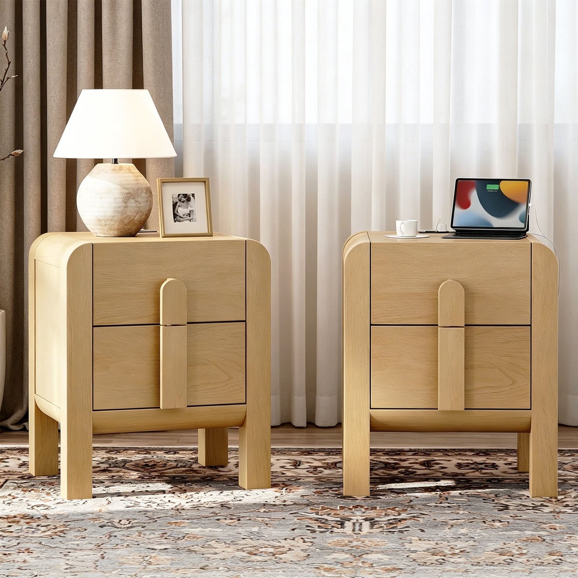Mid-Century Modern Wood Nightstand Set of 2 with Drawers ,Curved End ...