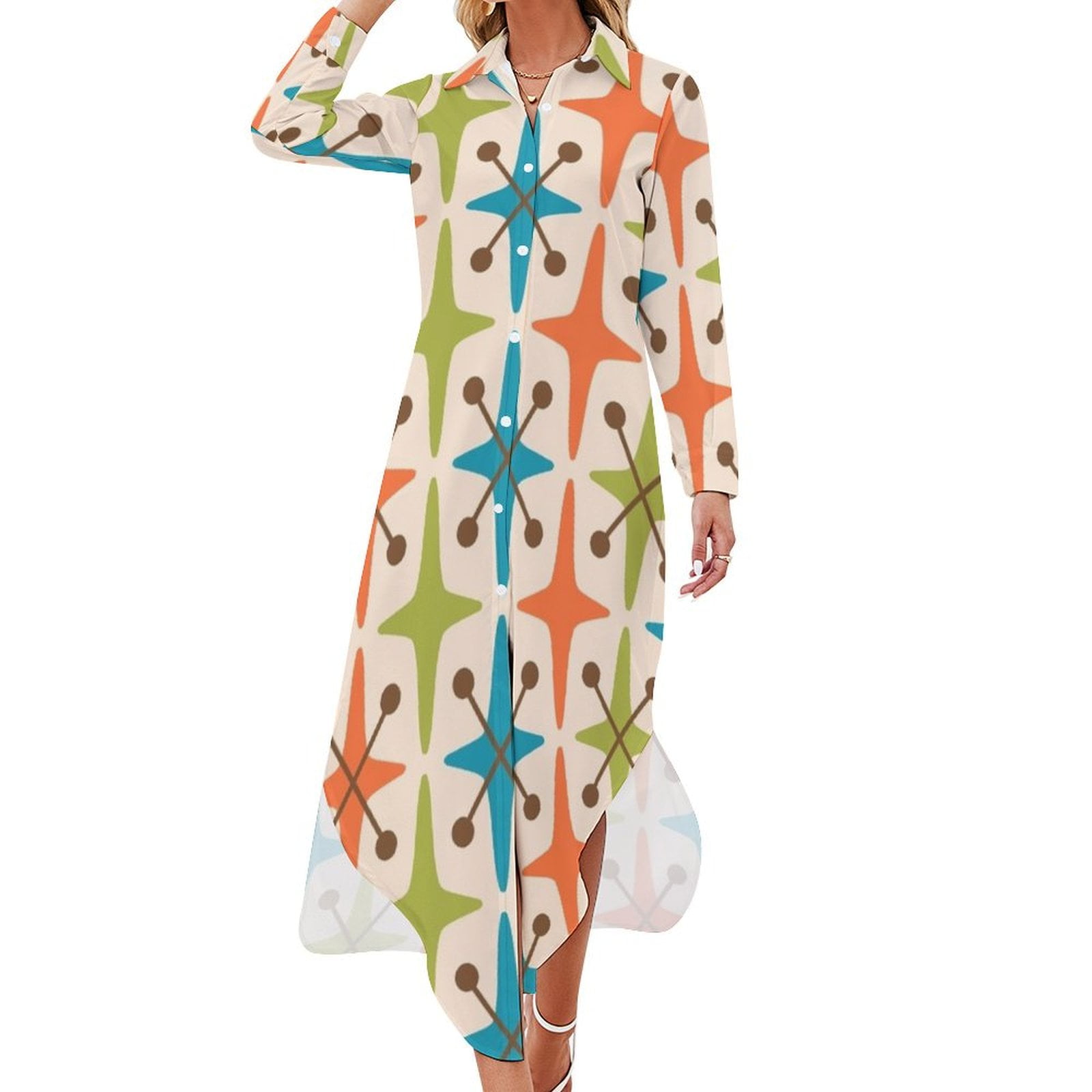Mid Century Modern ration Long Sleeved Shirt Dress luxury evening ...