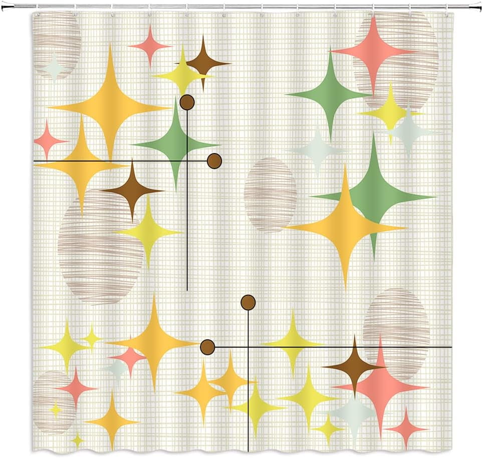 Mid Century Modren Shower Curtain Vintage Atomic Starburst Stars