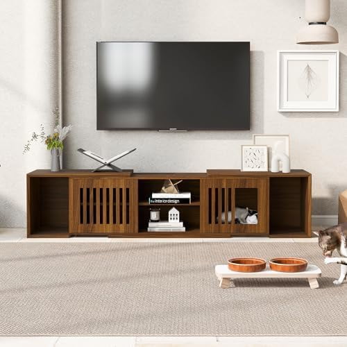 Mid-Century Morden Walnut Litter Box TV Stand, 54.3" Cat TV Stand with ...