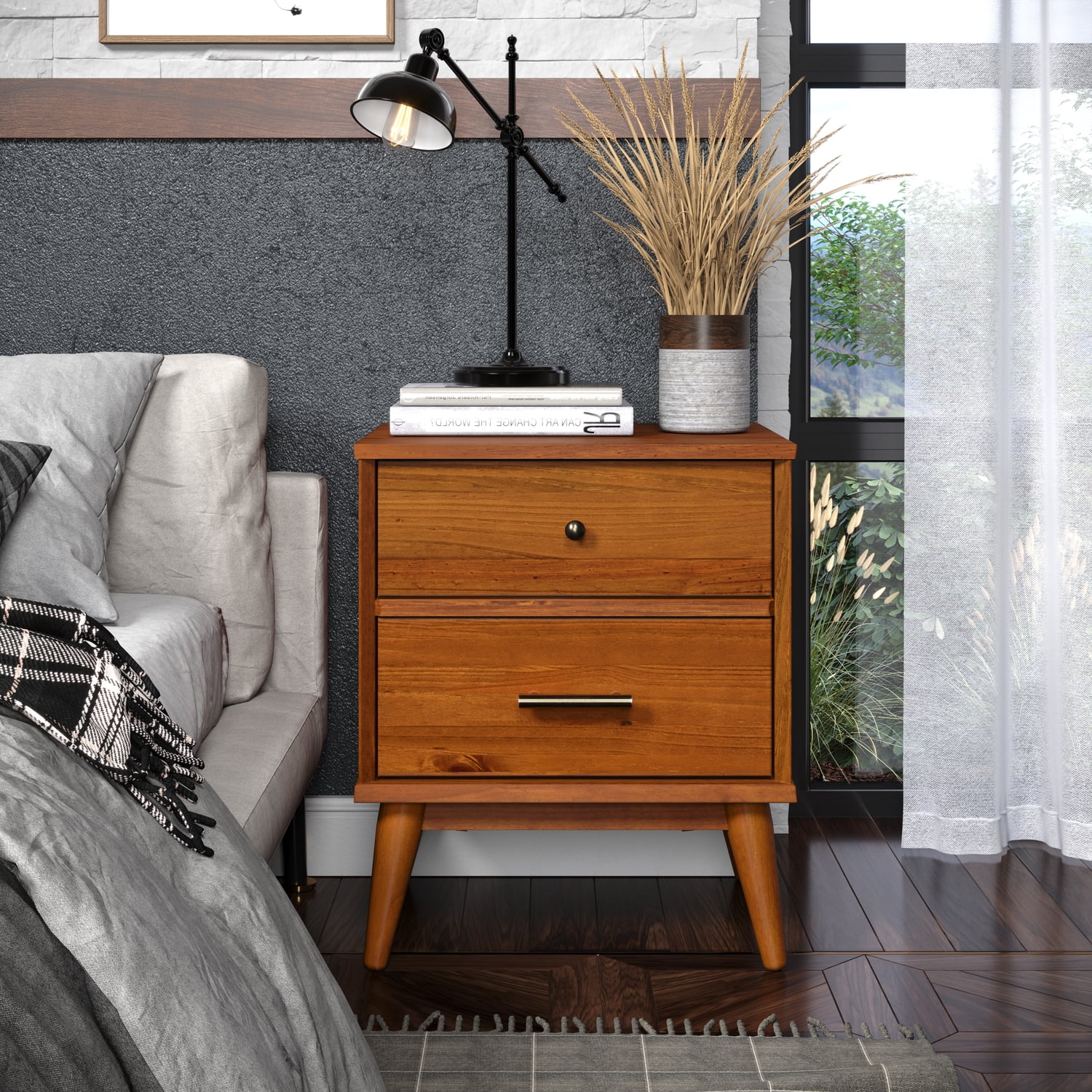 Mid-Century Solid Wood Night Stand with Two Drawers - Castanho Finish ...