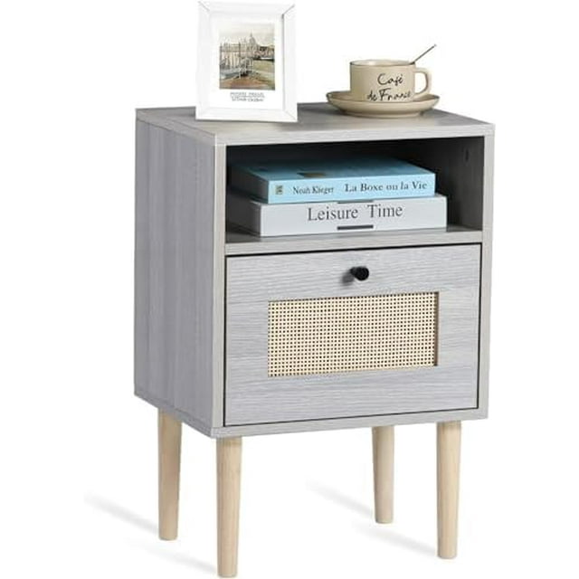 Mid Century Nightstand, Rattan Side Table with Drawers, Modern ...