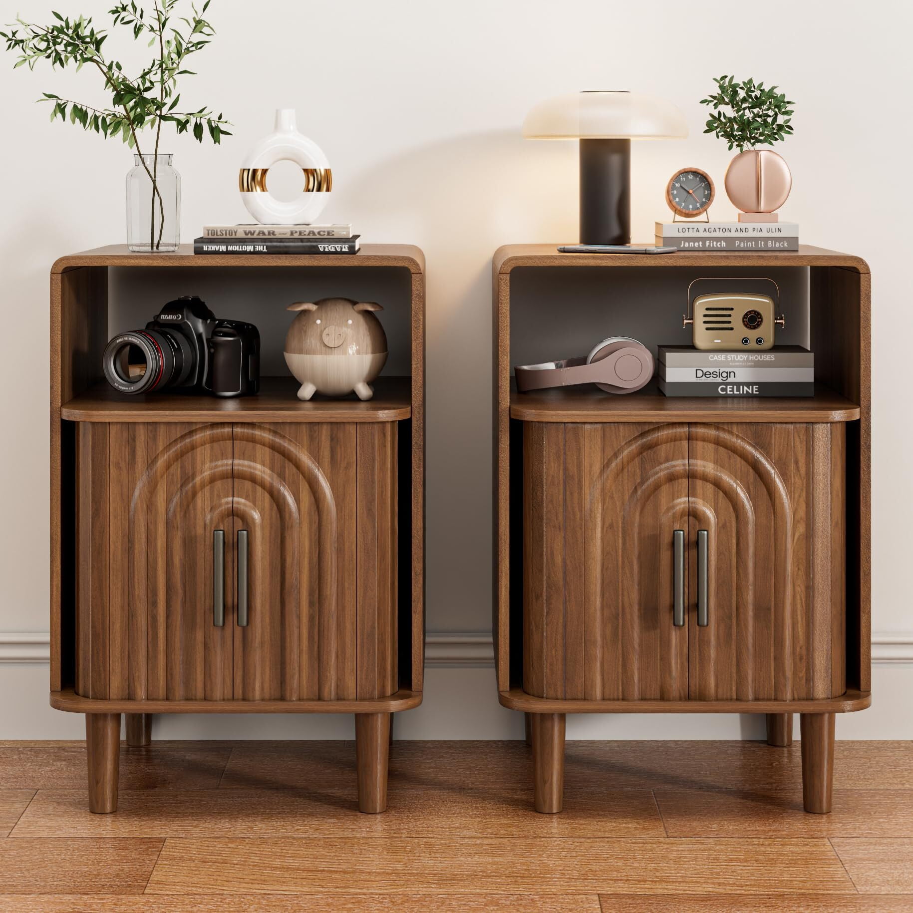 Mid Century Nightstand Set of 2, Fluted Bedside Tables with Storage ...