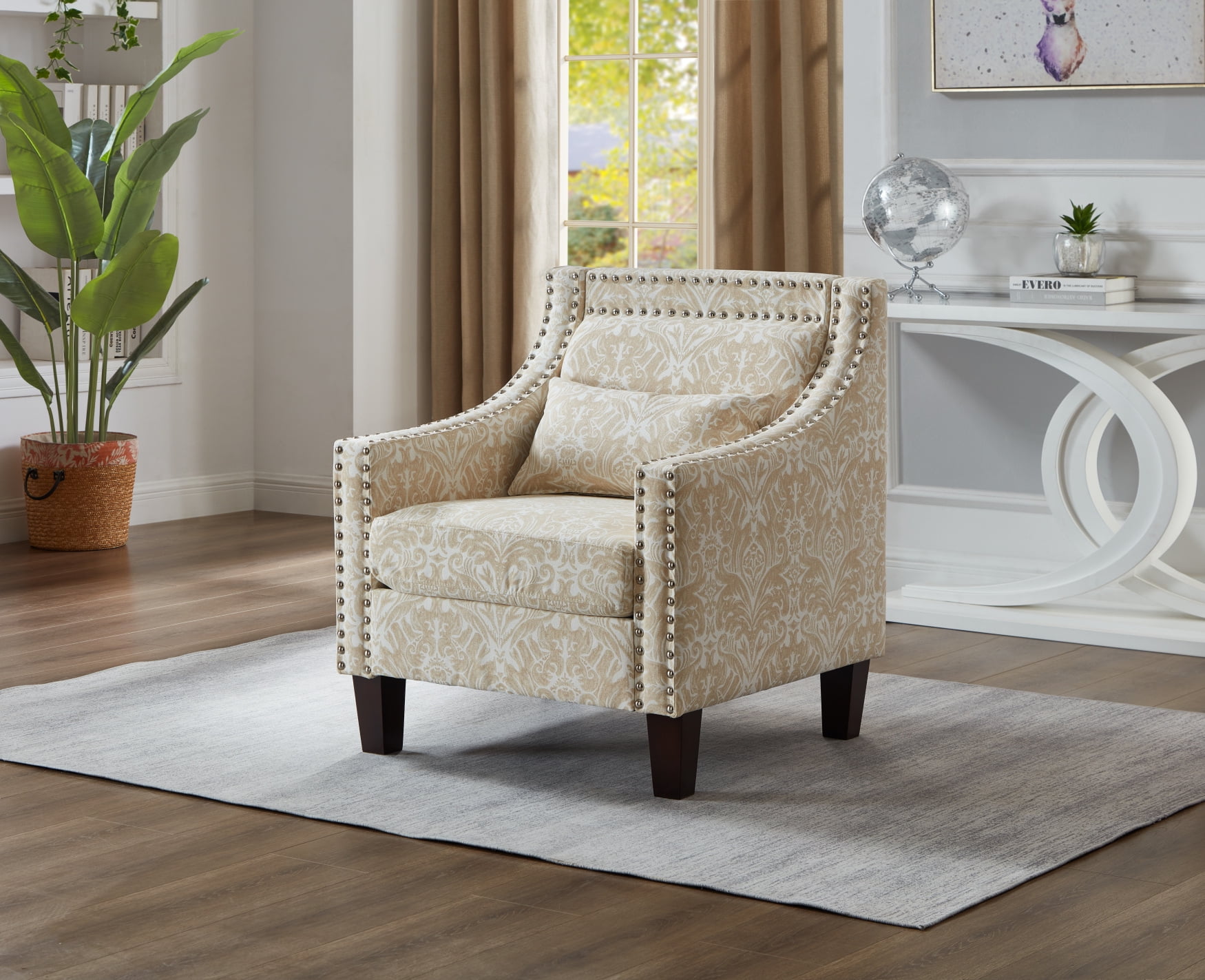 Mid Century Printed Accent Chair With Pillow Upholstered Velvet Fabric