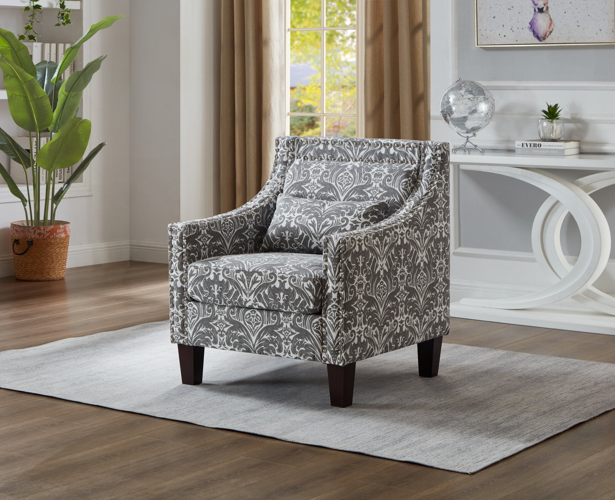 Mid Century Printed Accent Chair With Pillow Upholstered Velvet Fabric