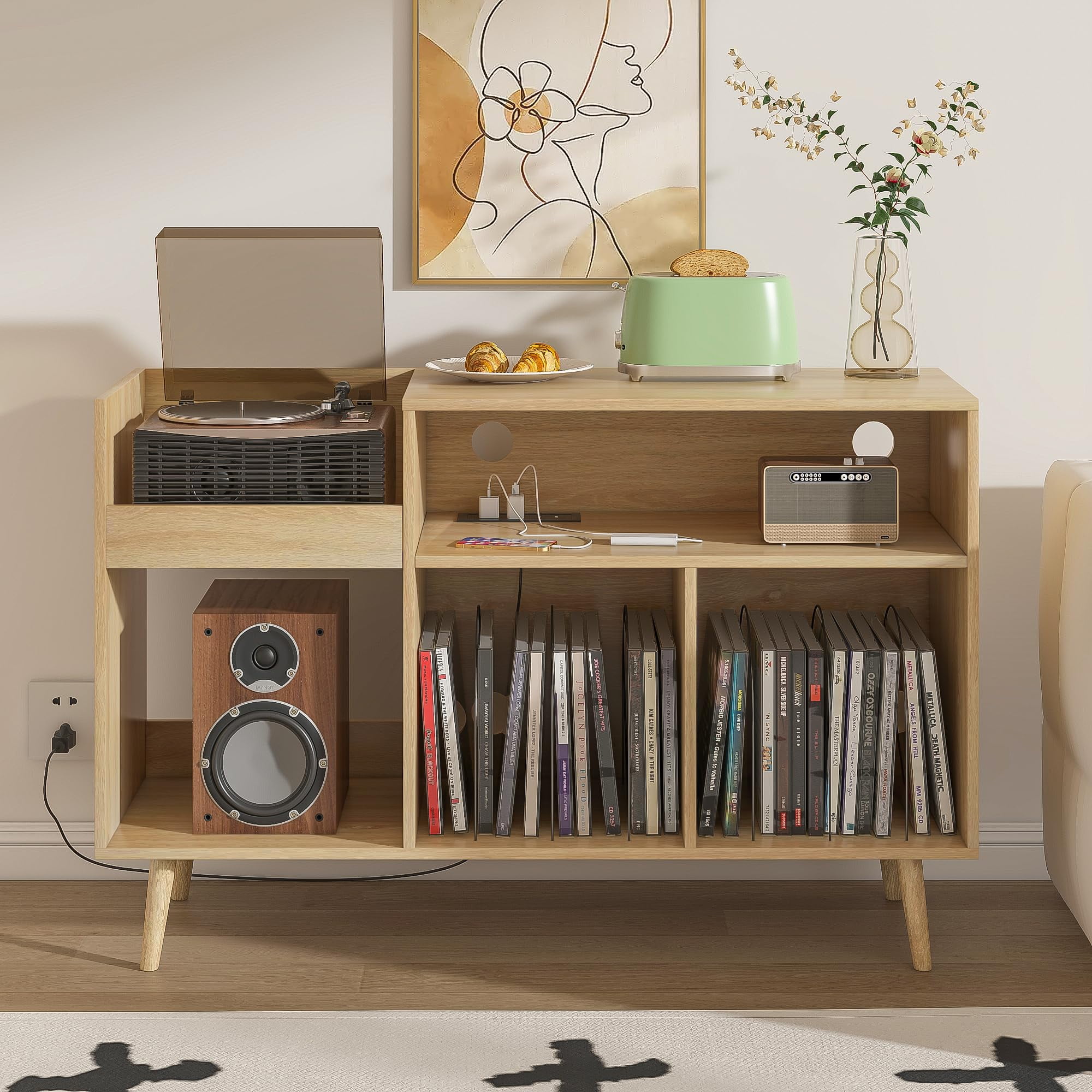 Mid-Century Record Player Stand, CD DVD Media Storage with Storage ...