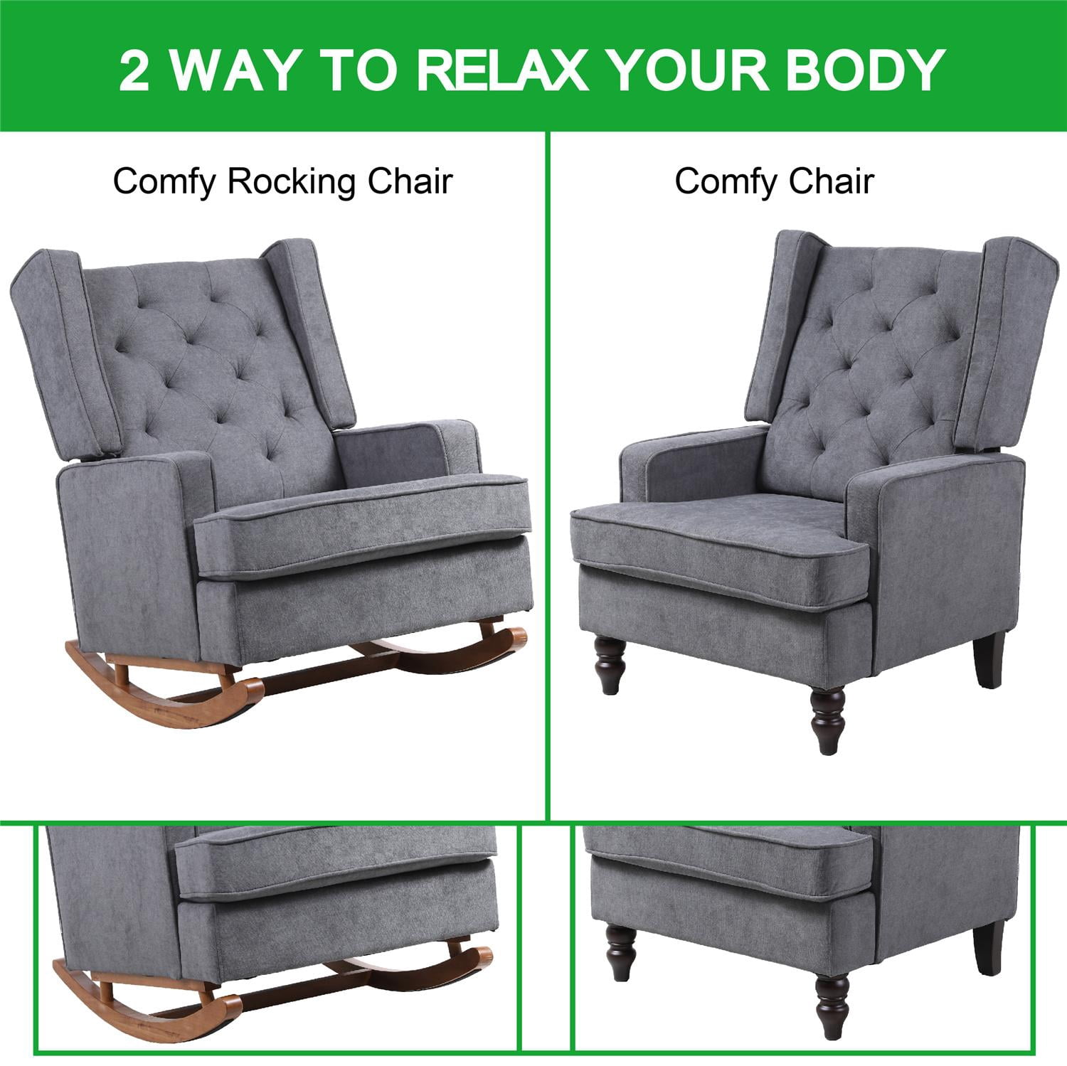 Mid Century Rocking Chair, 2 Types of Chair Legs Can be Replaced, Linen ...