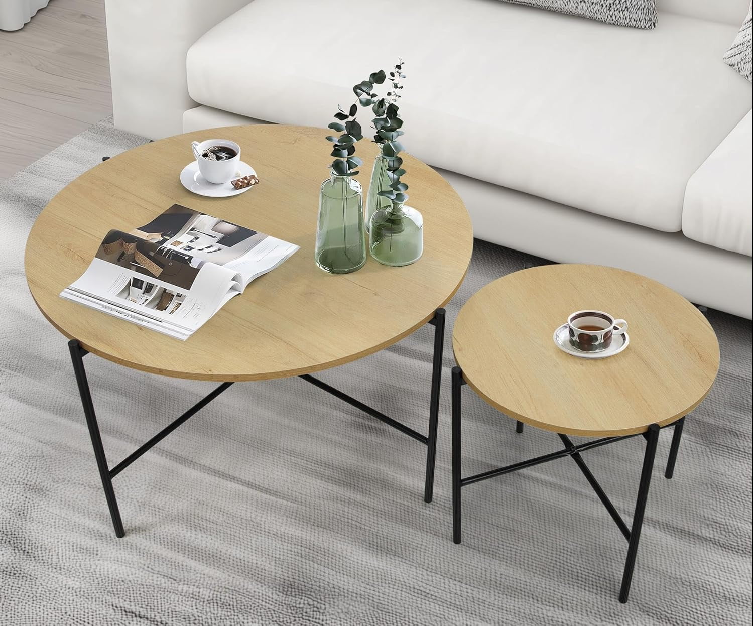 Mid Century Round Wood Coffee Set 31.5 Inch Circle Coffee with 17.7 ...