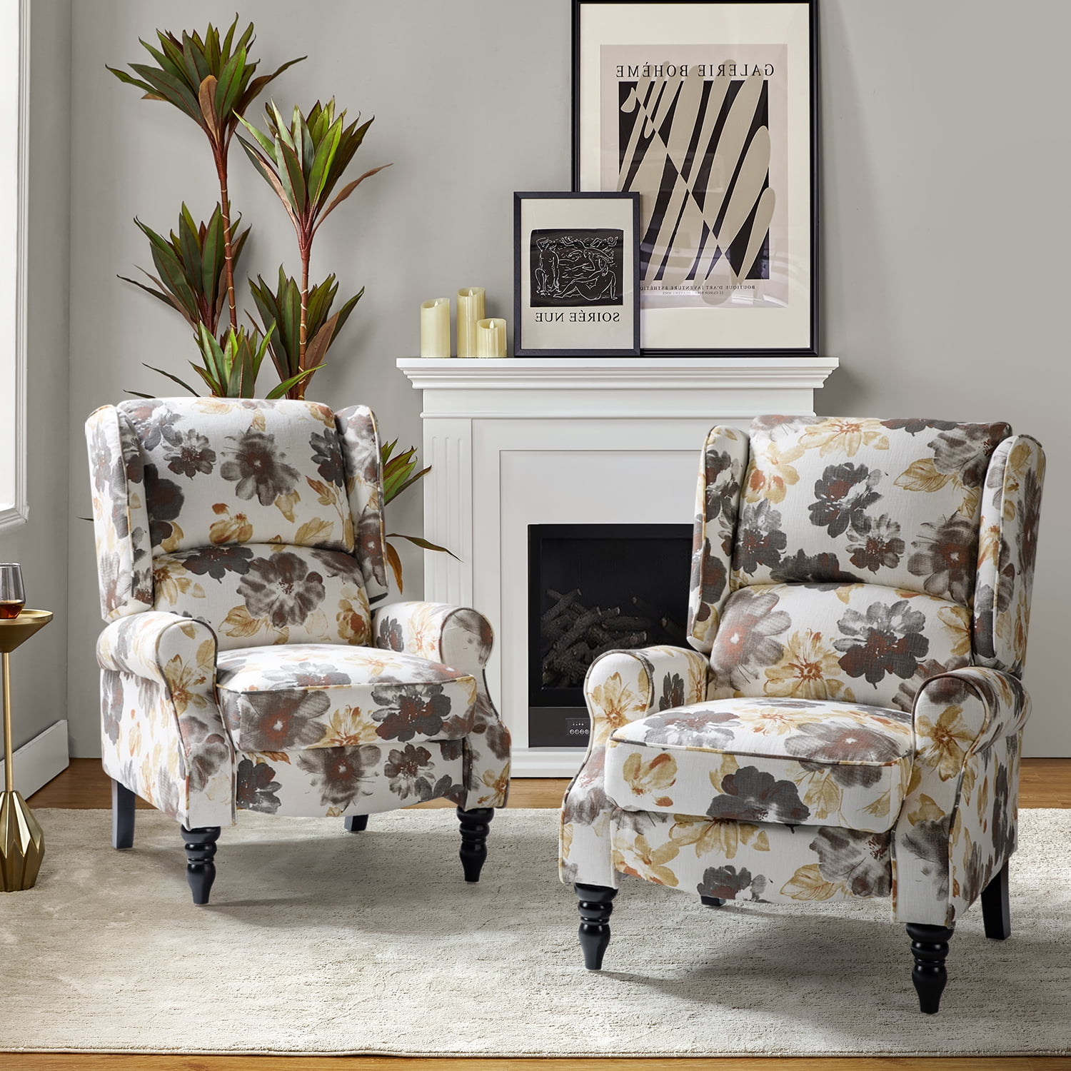 Mid-Century Set of 2 Push Back Recliner Chairs Manual Wingback Sofa ...