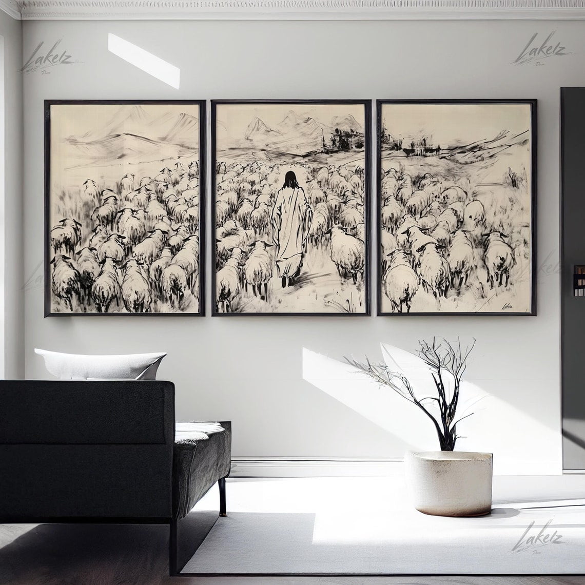 Mid Century Sheep Ink Sketch Wall Art Set 3 Unframed Paper Print 12x18 ...