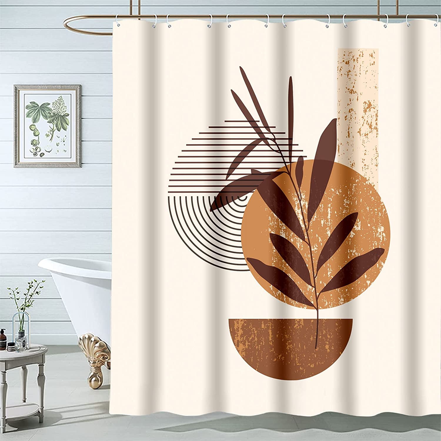 Mid Century Shower Curtain Abstract Shower Curtain Beige Line Circle Brown Shower Curtain ...