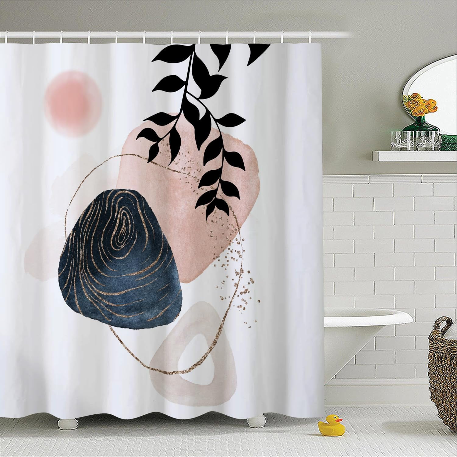 Mid Century Shower Curtain for Bathroom Abstract Modern Minimalist Pink Navy Blue Stall Bathtub ...