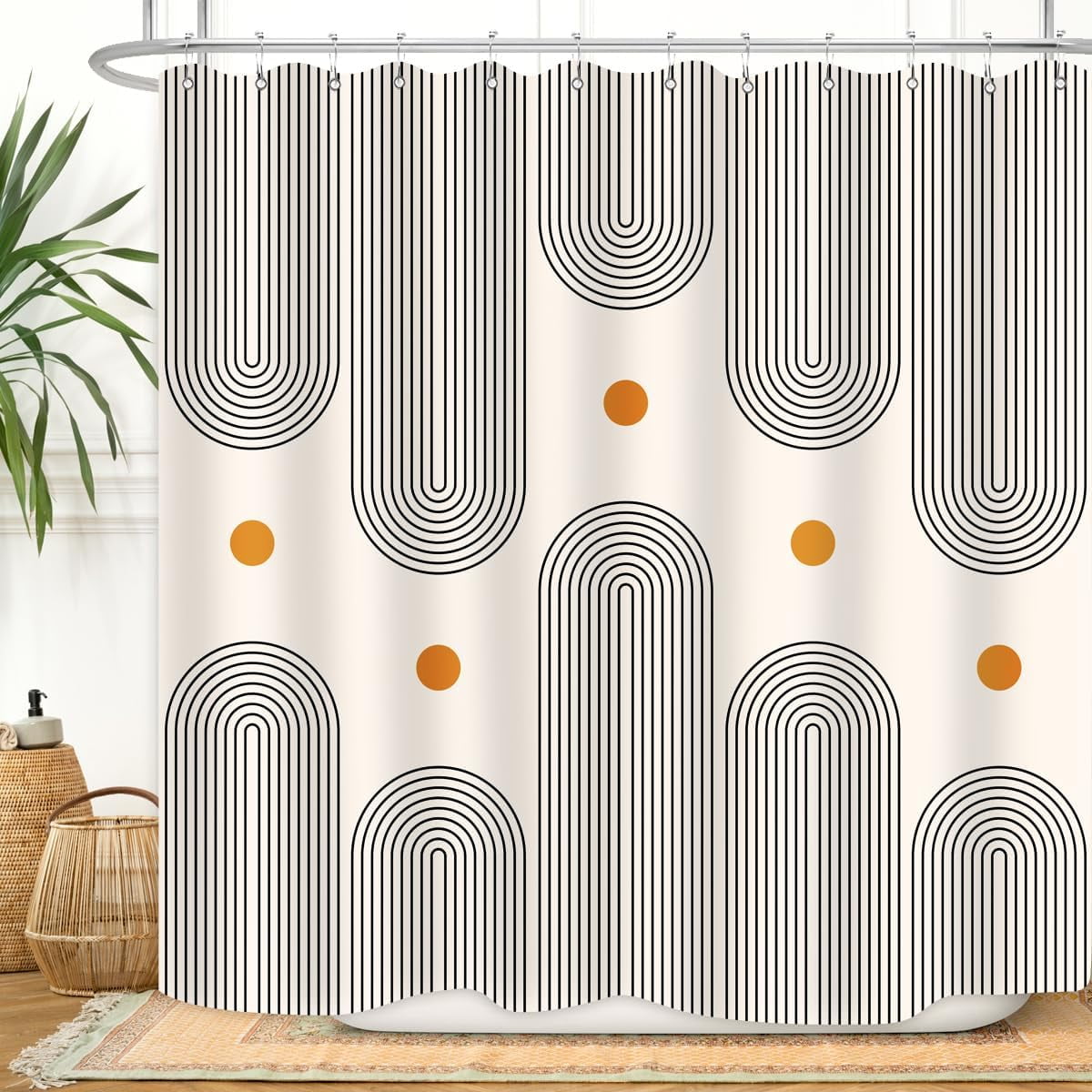 Mid Century Shower Curtain Boho Minimalist Abstract Arch Sun Simple Lines Geometric Modern Beige ...