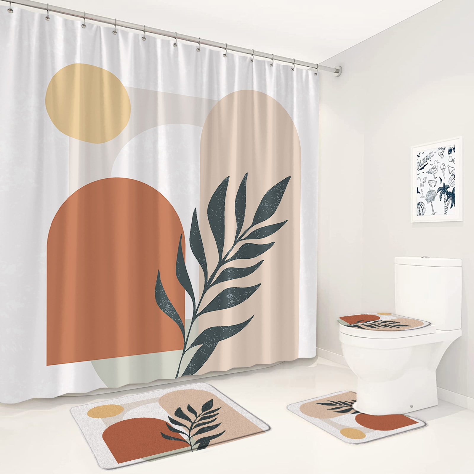 Mid Century Shower Curtain Set Boho Green Leaves Bathroom Curtain with ...