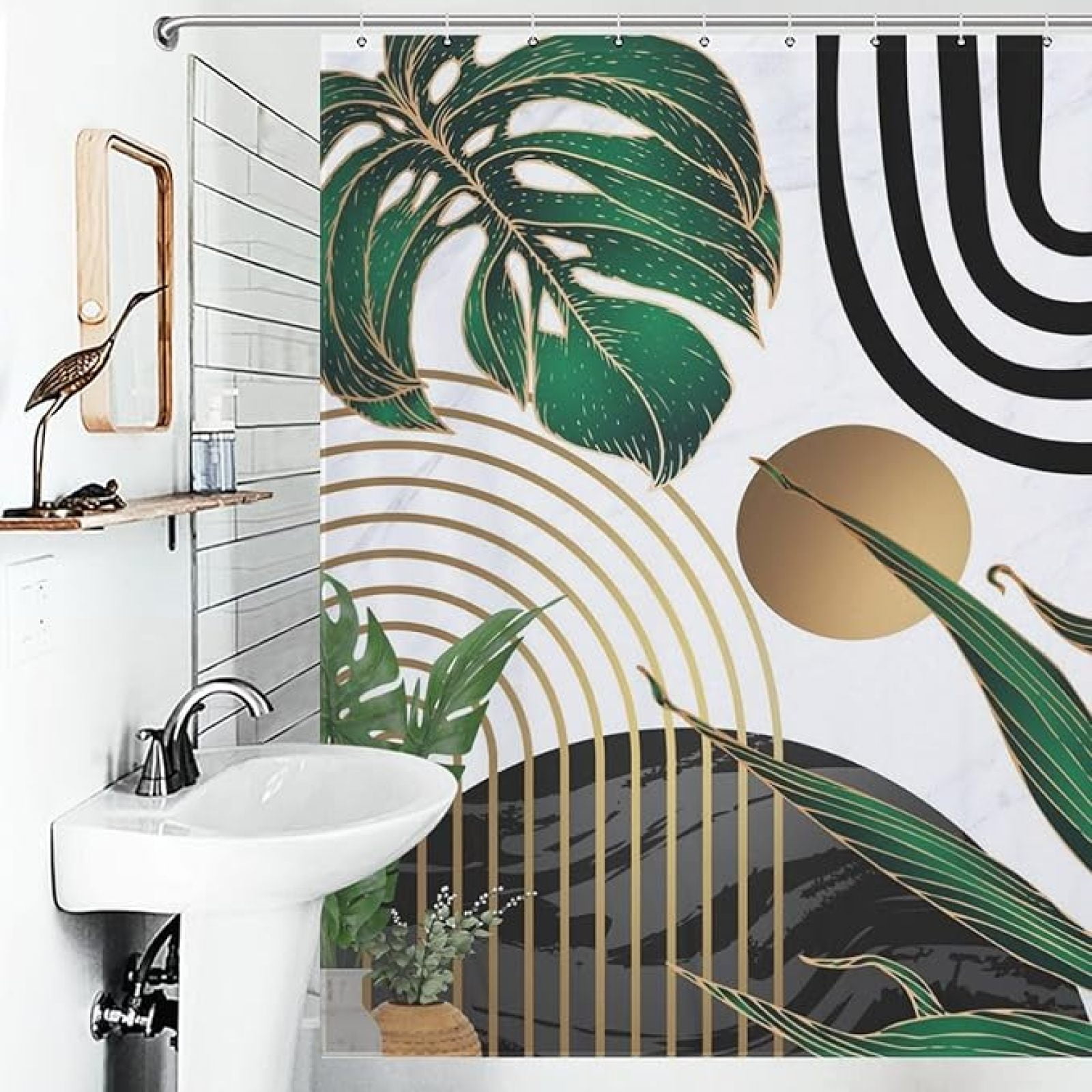 Mid-Century Shower Curtain,Vintage Modern Minimalist Aesthetics Tropical Plants Greens Arches ...