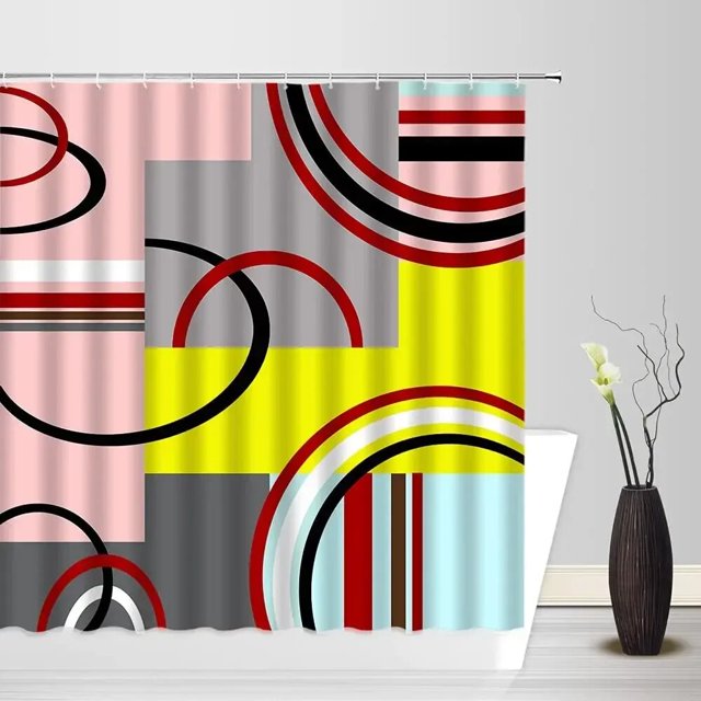 Mid Century Shower Curtains Vintage Geometric Abstract Colorful Striped