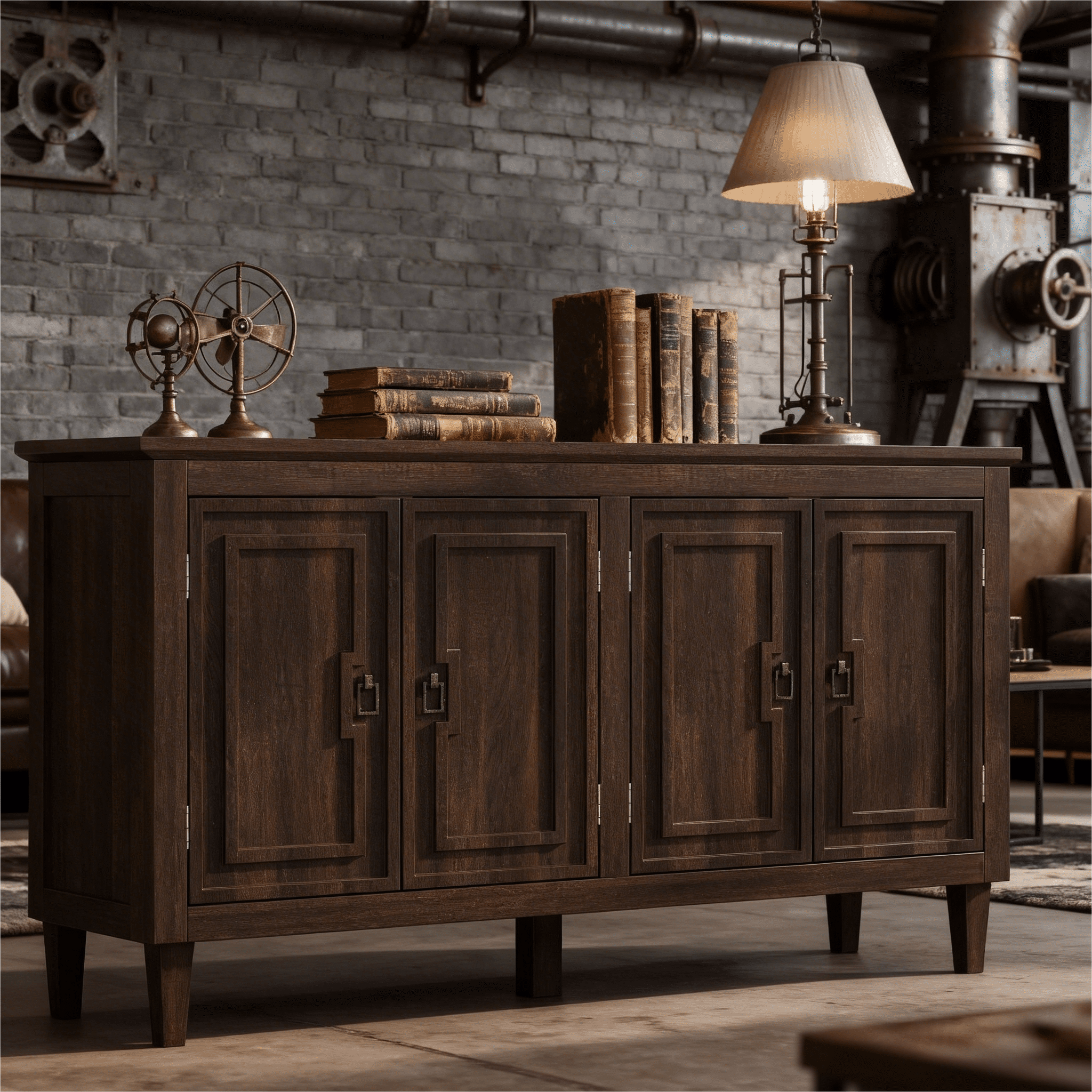 Mid Century Sideboard Cabinet with 4 Doors, Solid Wood Buffet Table ...