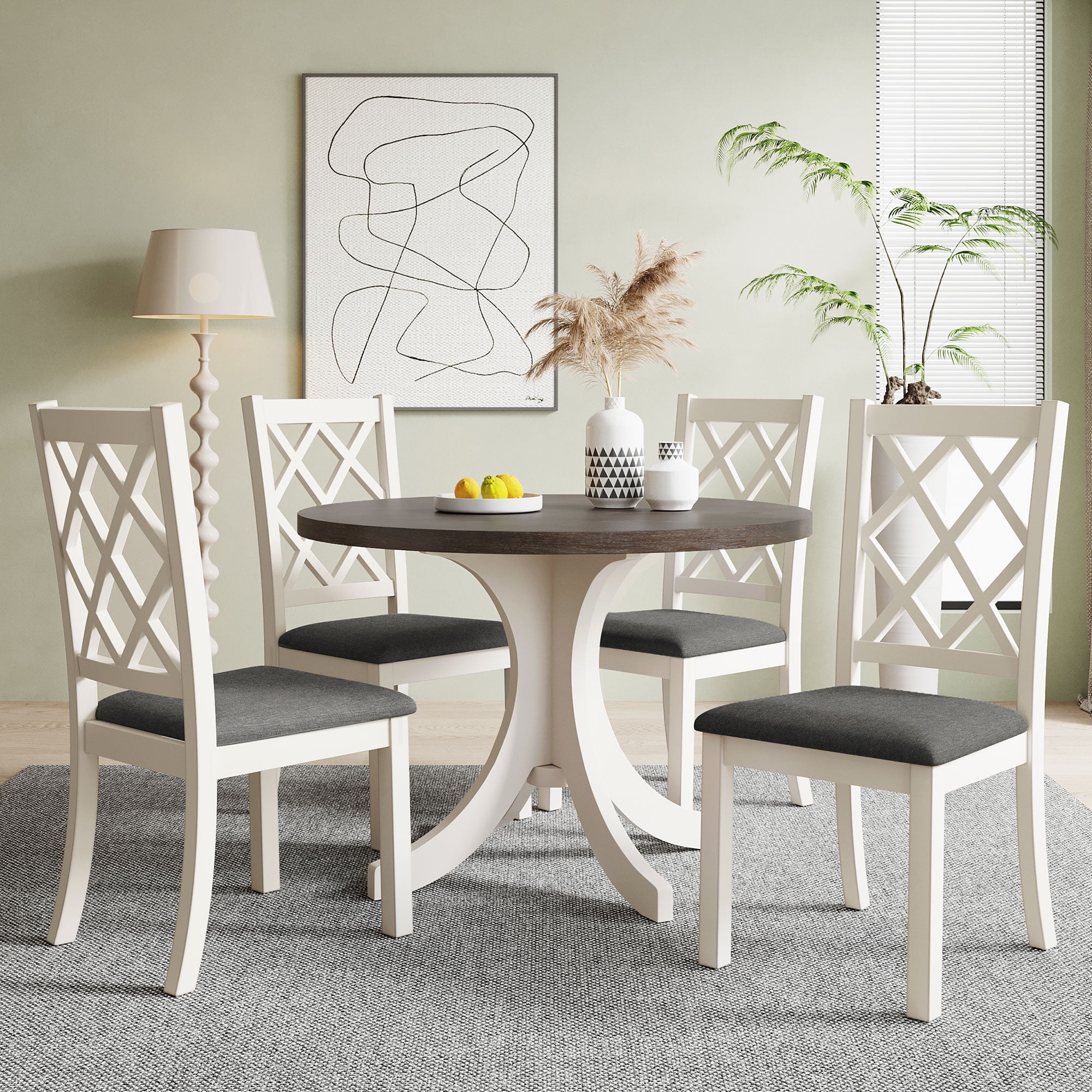 Mid-Century Solid Wood 5-Piece Round Dining Table Set, Kitchen Table ...