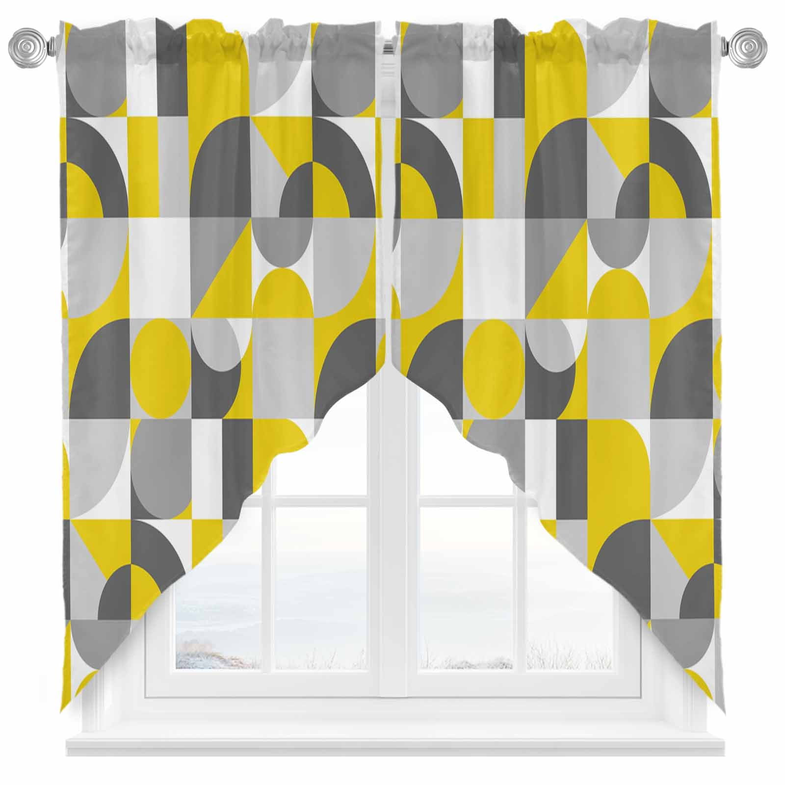 Mid Century Swag Valances for Windows 2 Pack Yellow Grey Abstract Retro ...