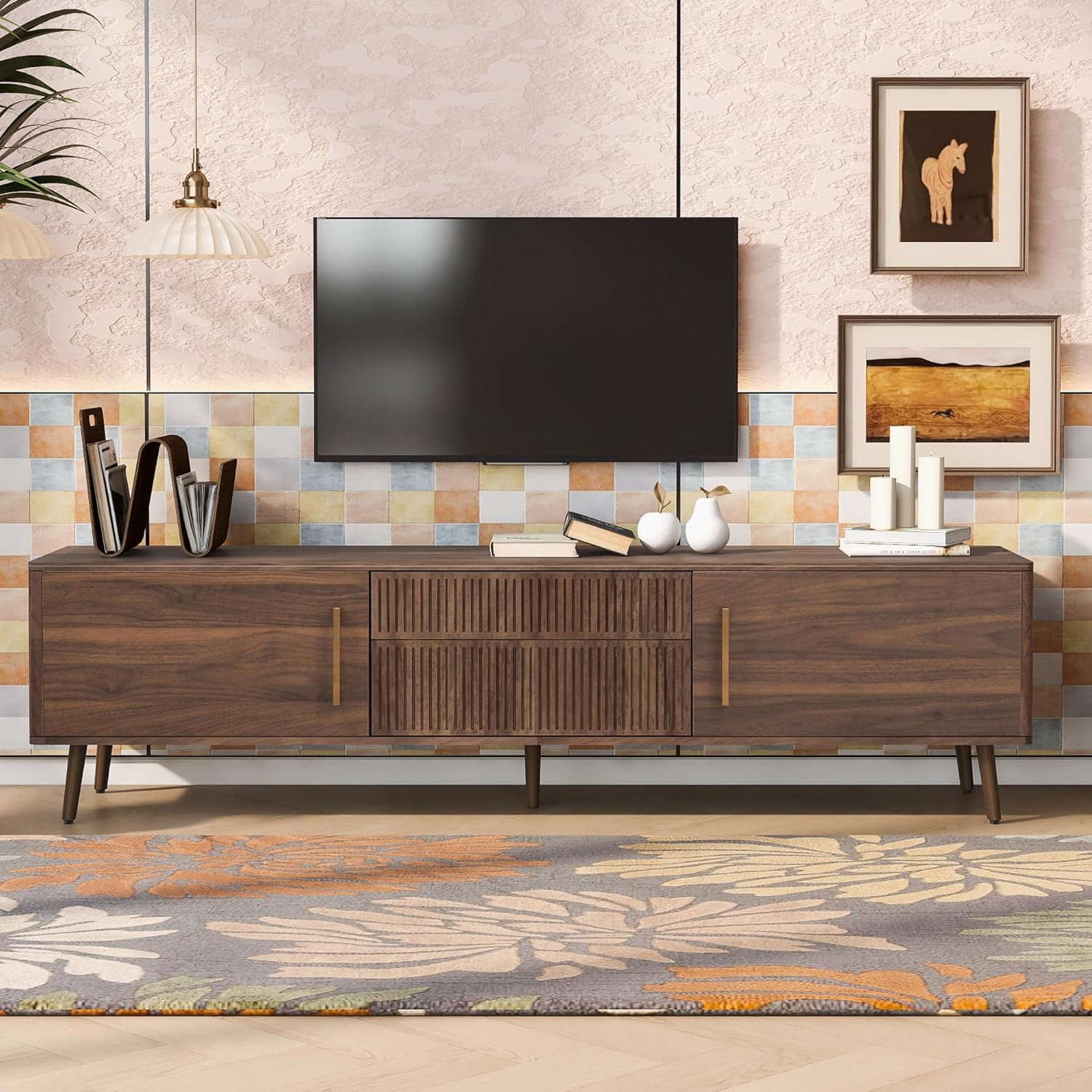 hltbht Mid-Century TV Stand Entertainment Center with 2 Doors and 2 ...