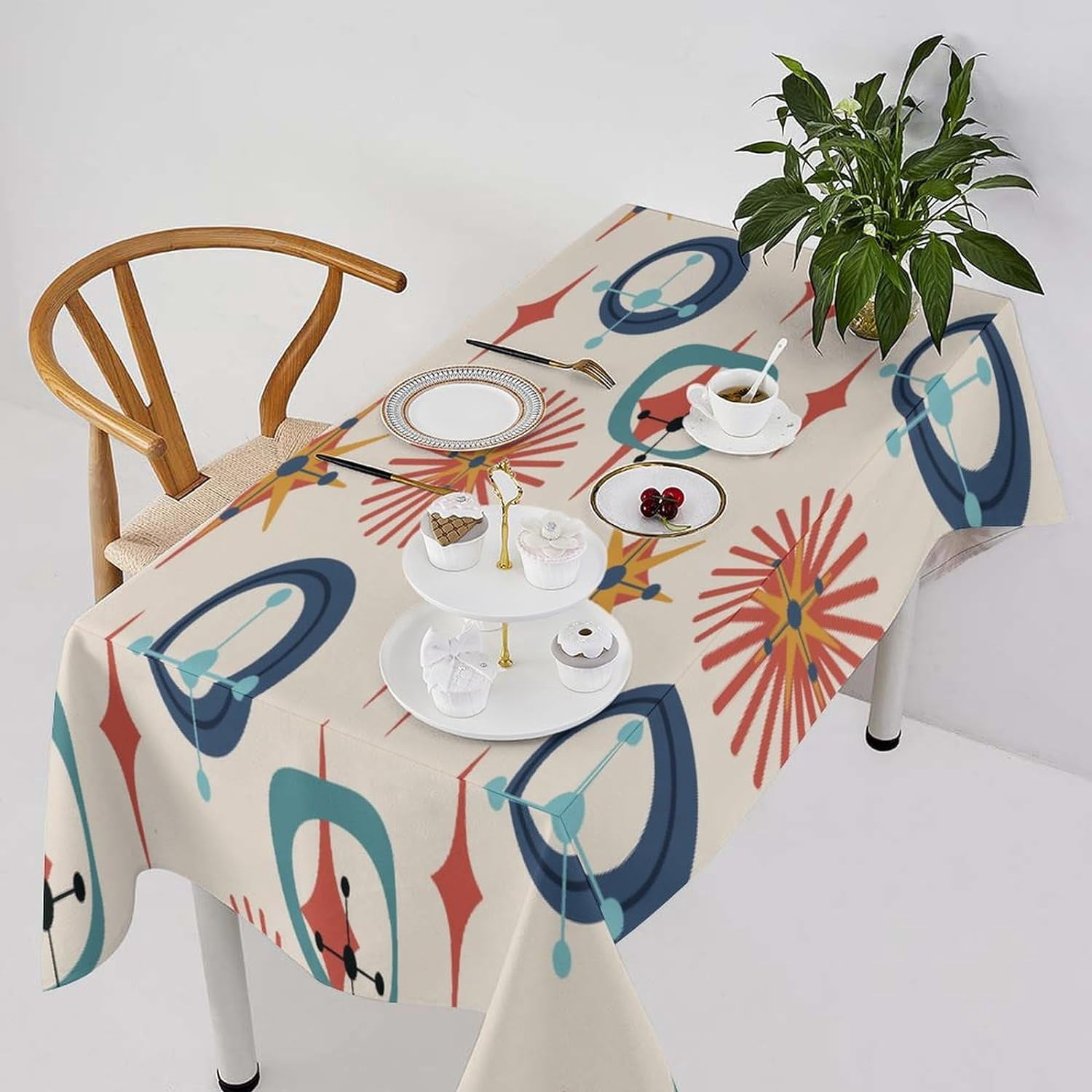 Mid Century Tablecloth, Atomic Starbursts Retro Abstract Geometric ...