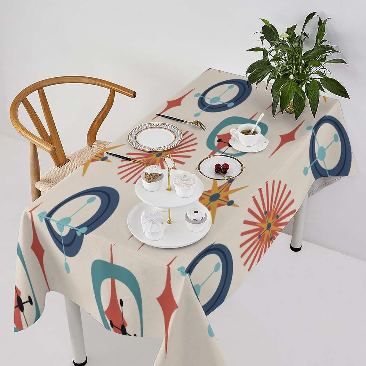 Mid Century Tablecloth, Atomic Starbursts Retro Abstract Geometric ...