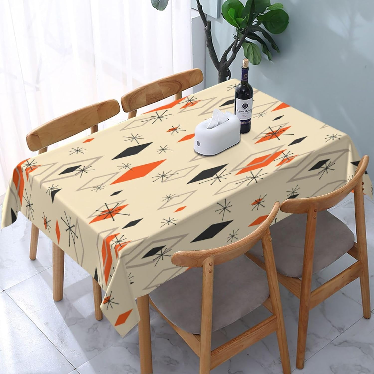 Mid Century Tablecloth, Modern Orange Black 1950s Boho Atomic Pattern ...