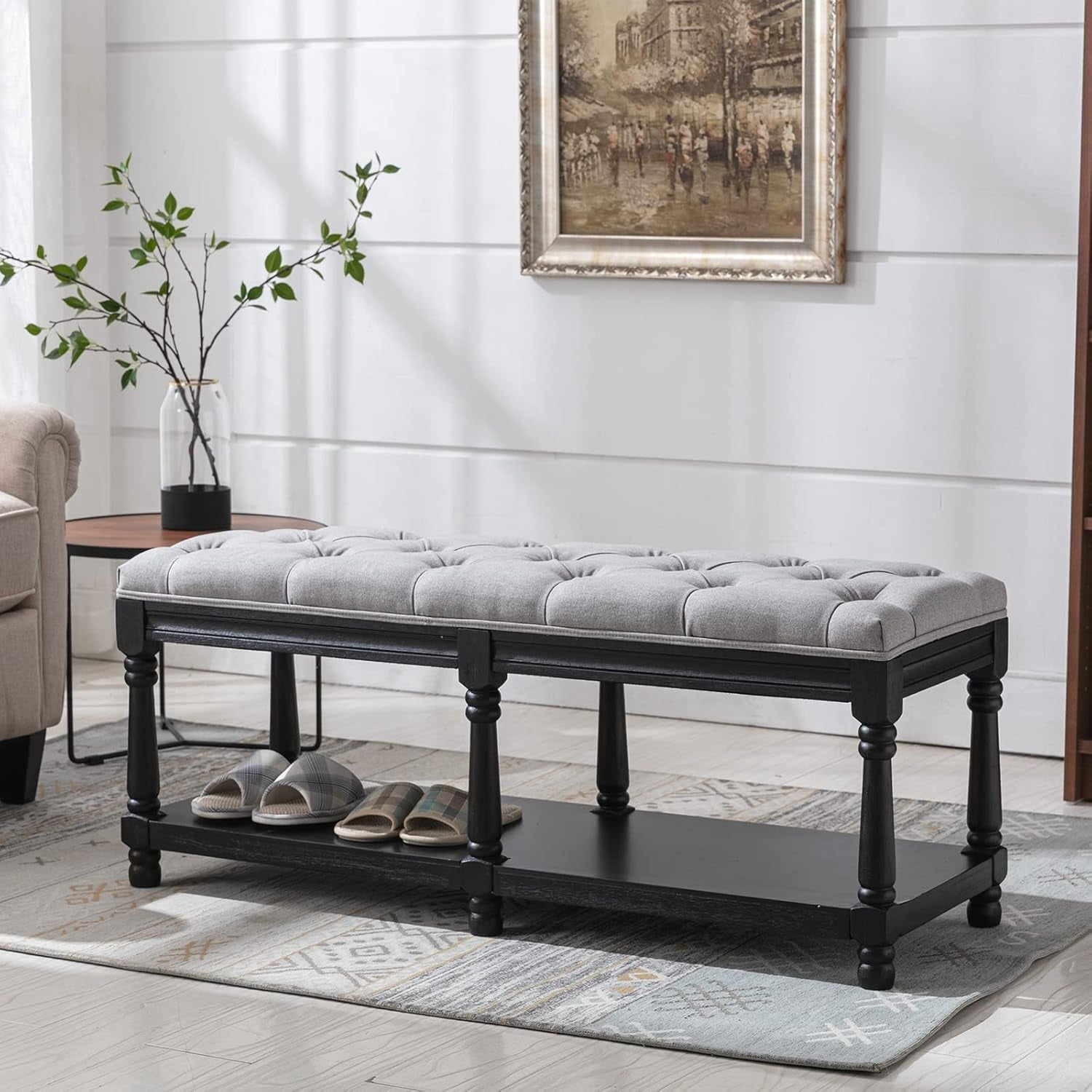 Mid-Century Tufted Bench with Linen Upholstered Farmhouse Entryway Shoe ...