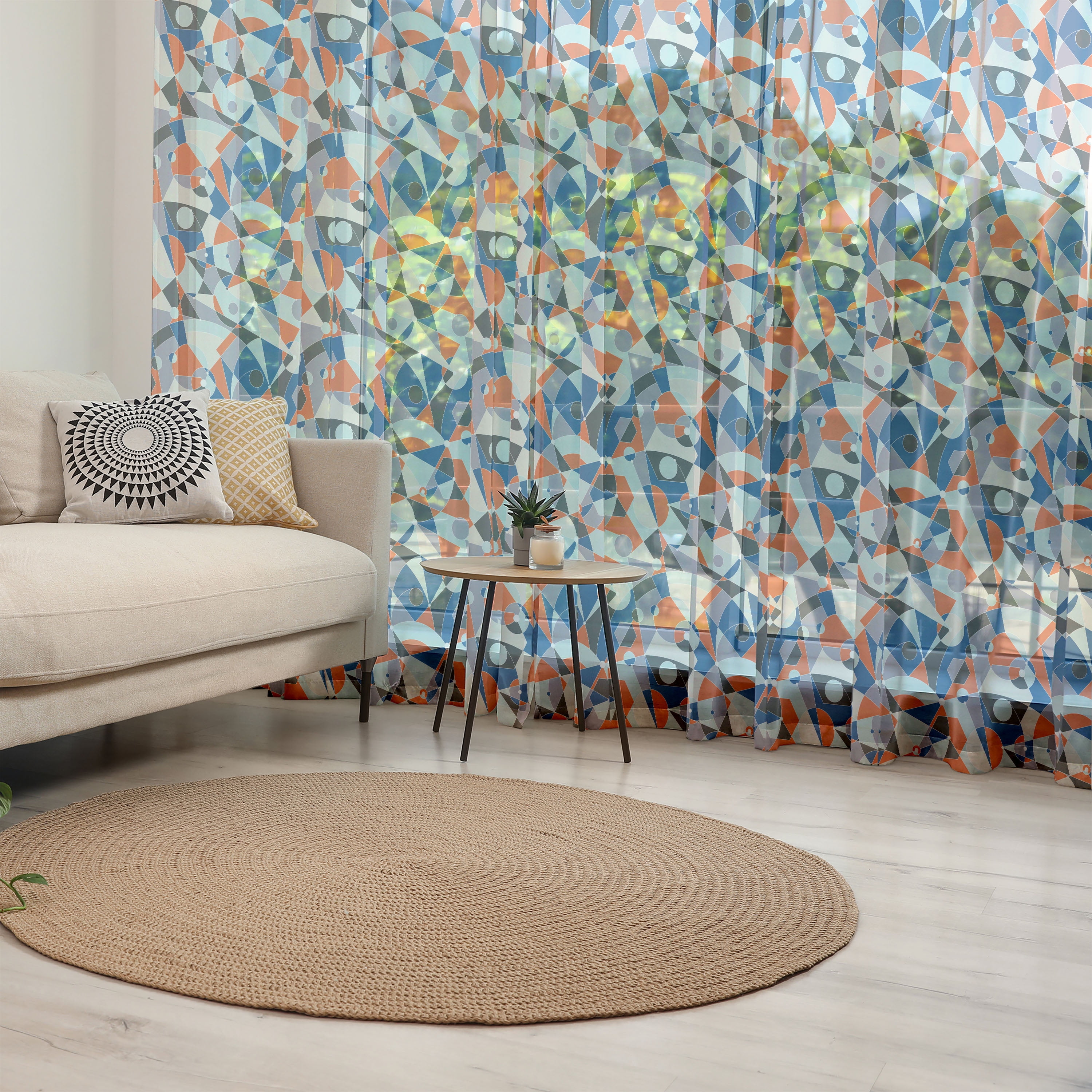 Mid Century Tulle Curtains with Rod Pocket, Mosaic of Various Shapes ...