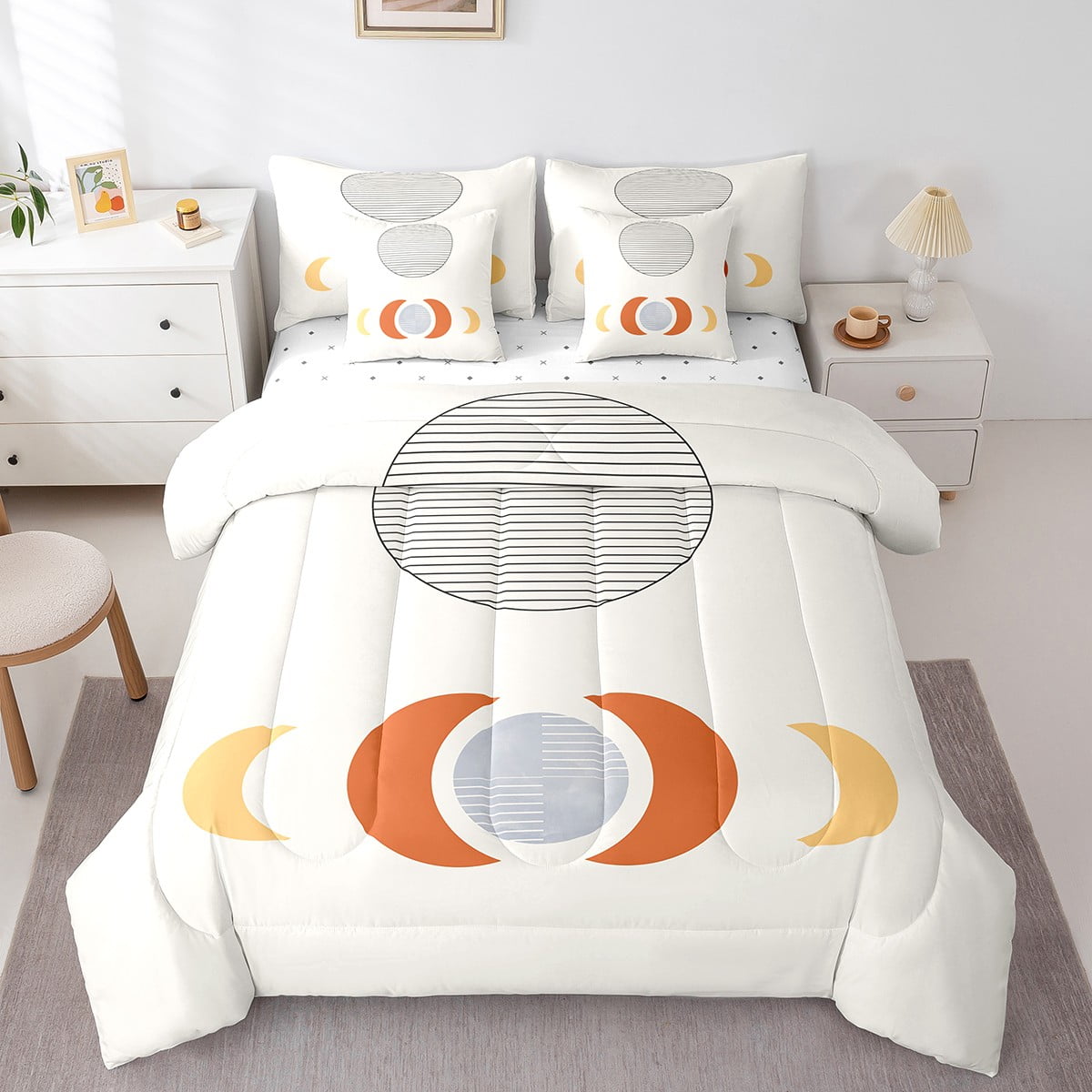 Mid Century Twin Comforter Set 7-Piece Abstract Moon Bedding Comforter Sets, Geometry Striped ...