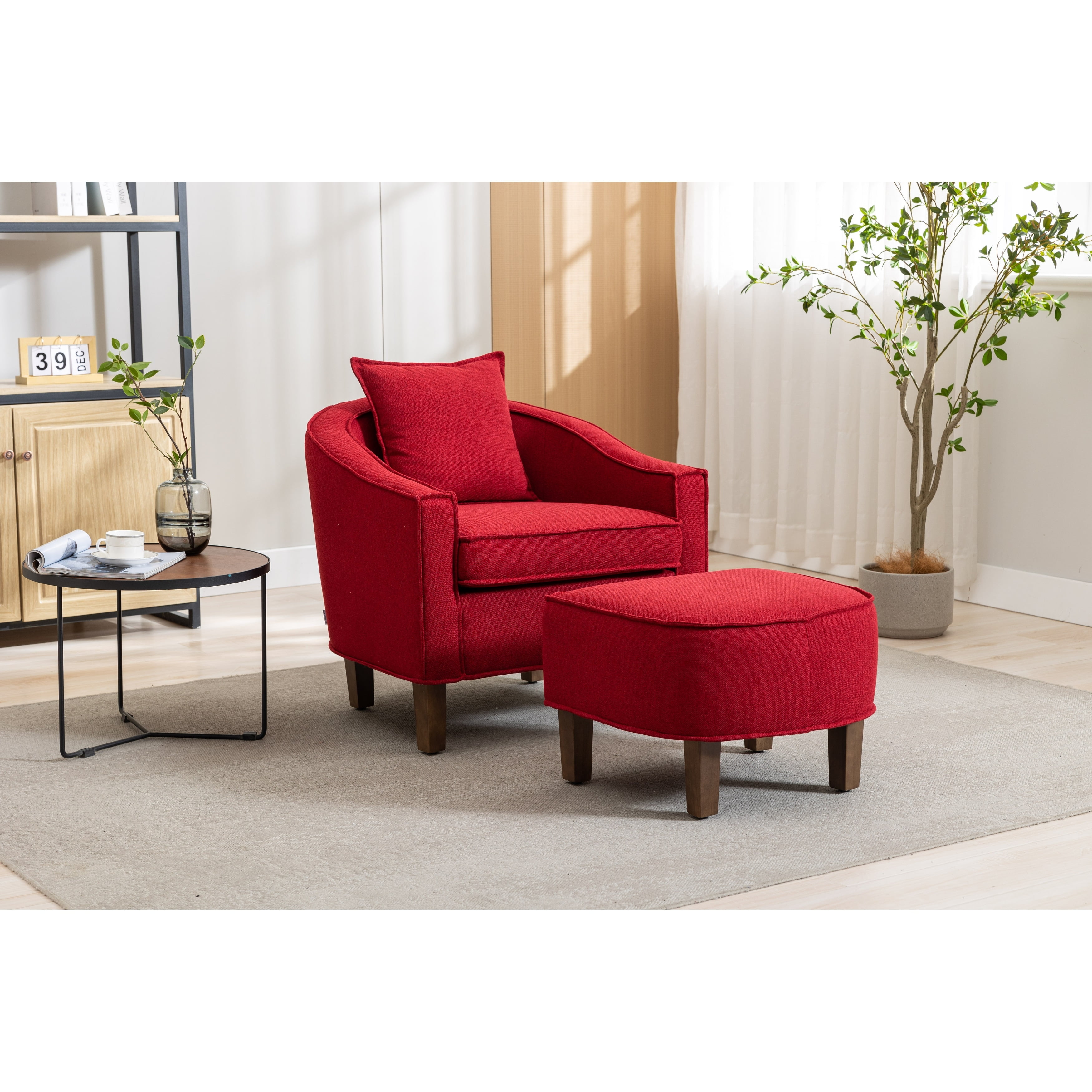 Mid Century Upholstered Club Tub Accent Chair with Ottoman Red ...