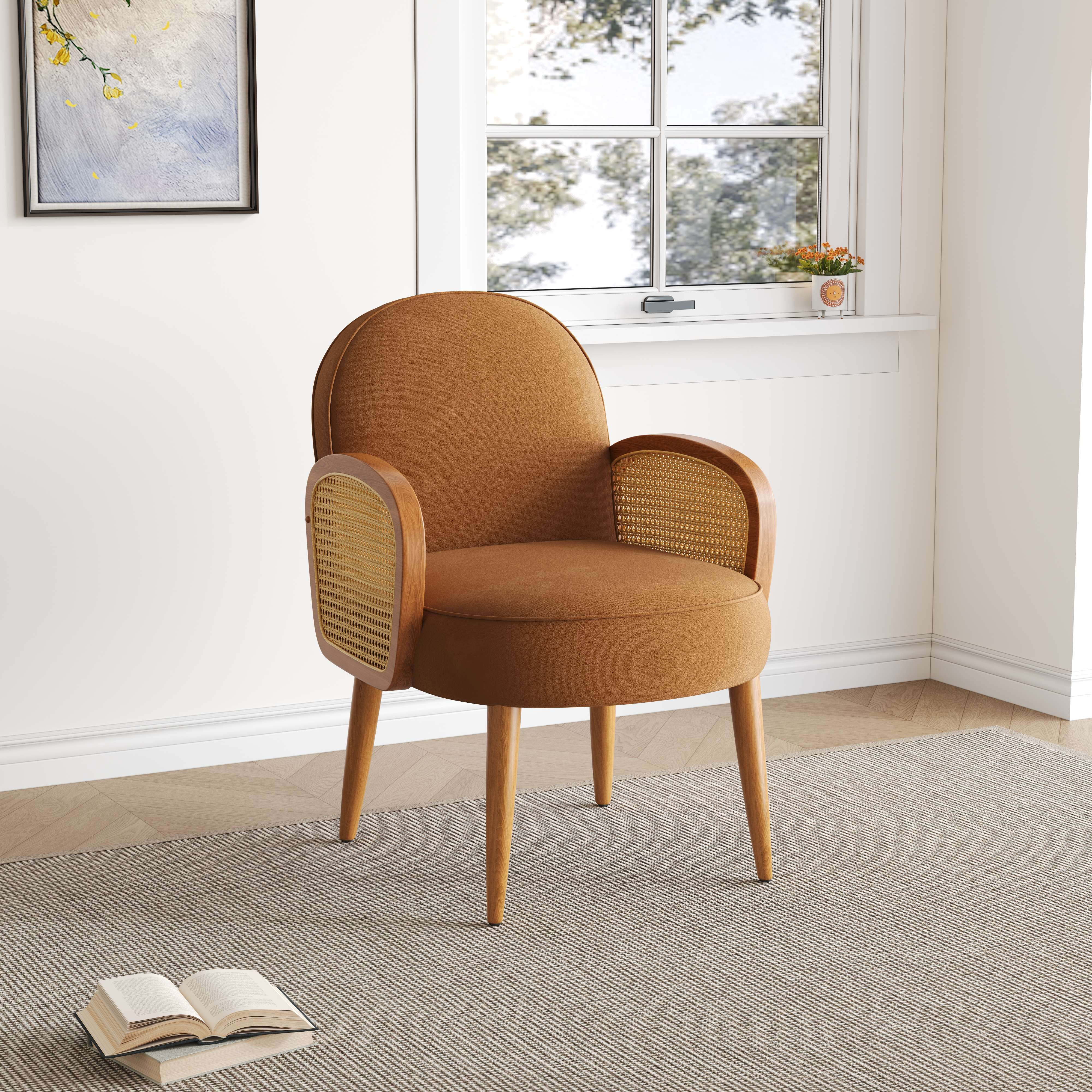 Mid-Century Velvet Accent Lounge Chair with Rattan Armrests ...