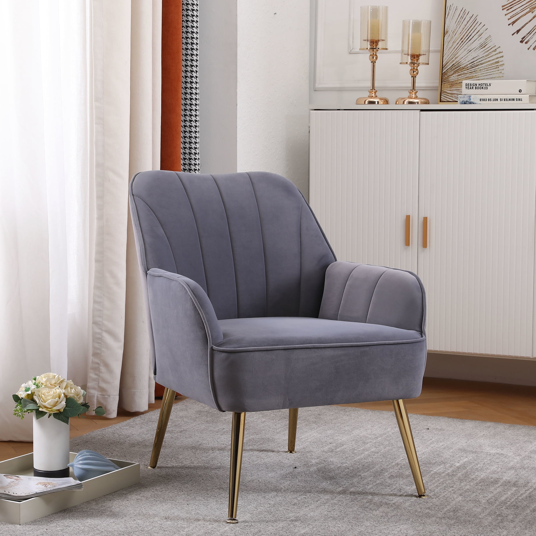 Mid Century Velvet Armchair With Intensification, Golden Legs, For Home ...