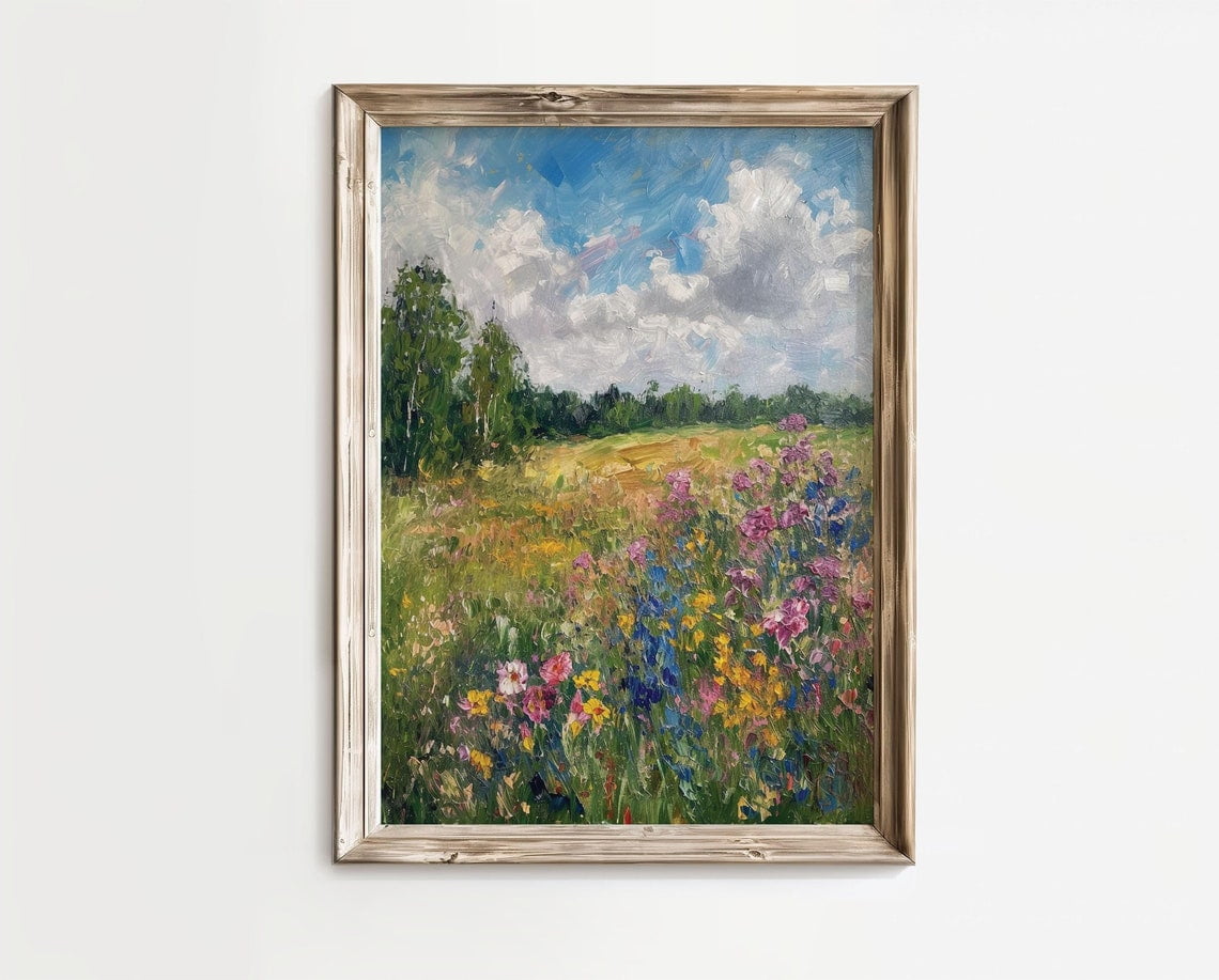 Mid-Century Vintage Abstract Wildflowers Field Blue Sky Art Poster For ...