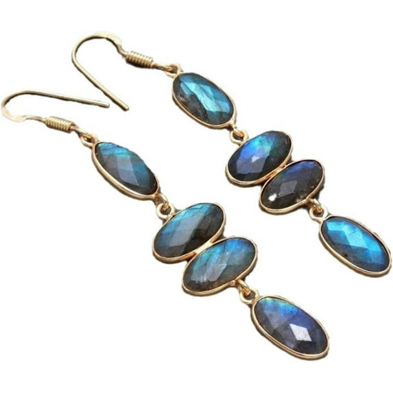 Mid-Century Vintage Blue Crystal Earrings, Gold-Tone Alloy Elongated ...