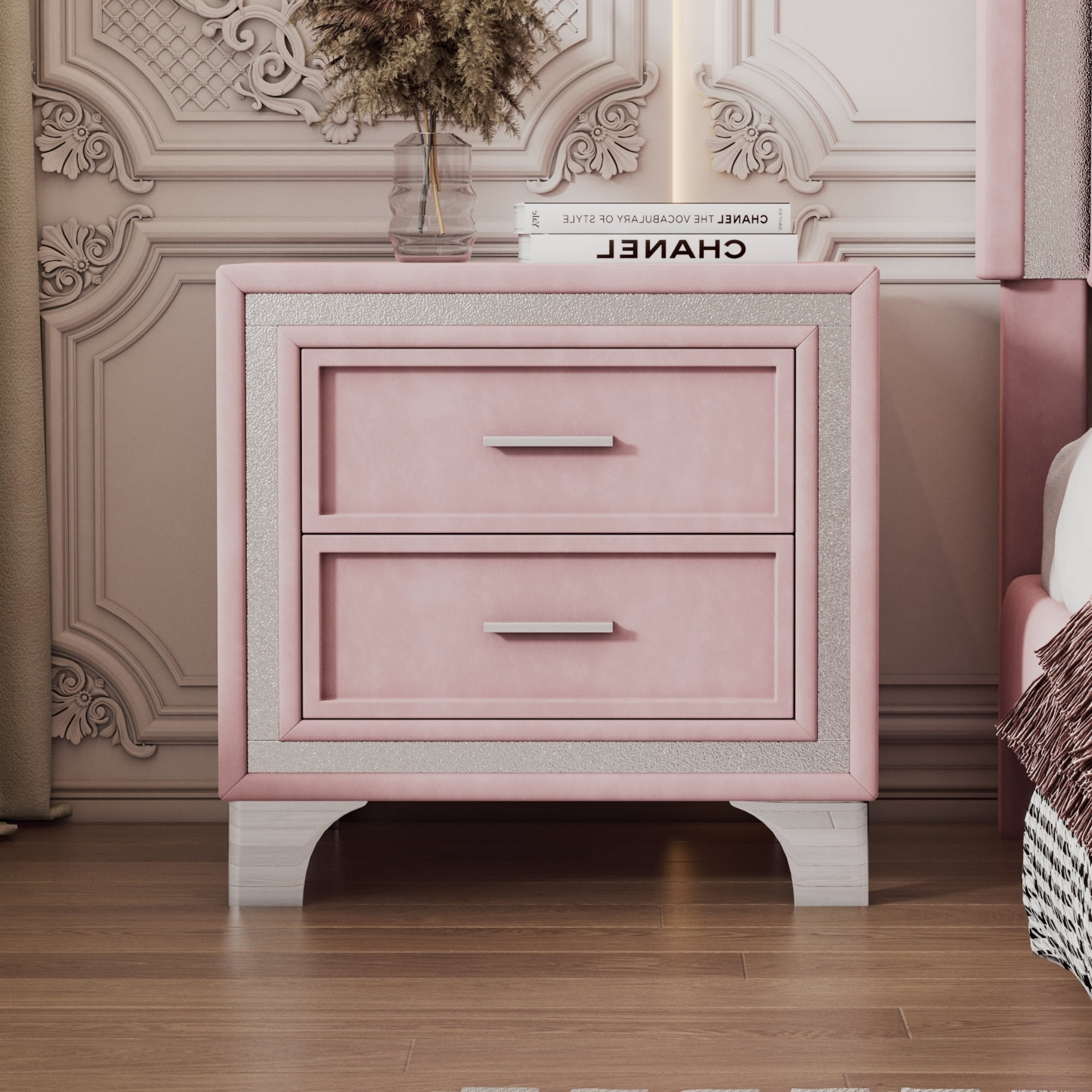 Mid Century Vintage Nightstand with Silver Glitter Strip Decor and ...