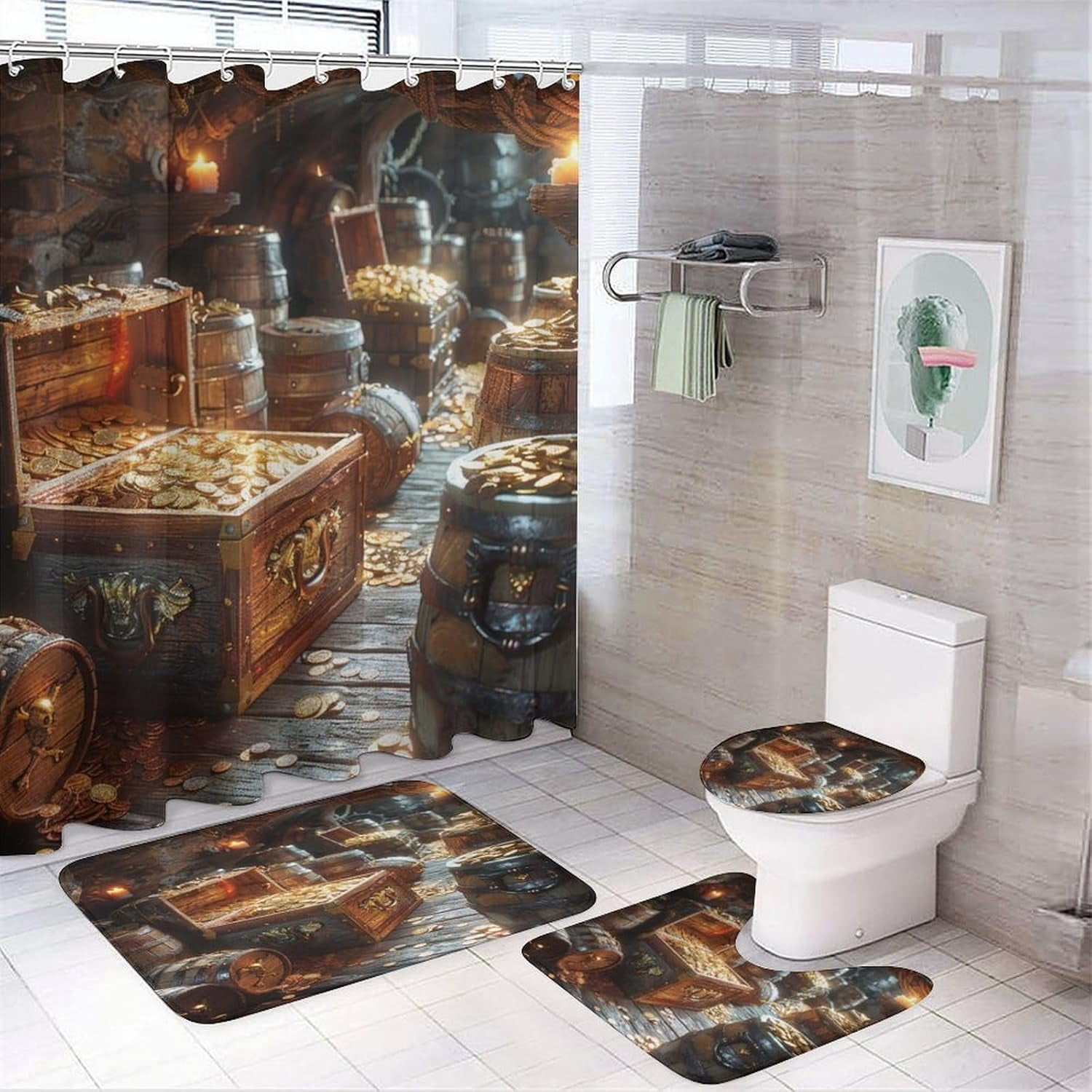 Watercolor Pirate Ship Treasure Shower Curtain Rustic Anime Nautical ...