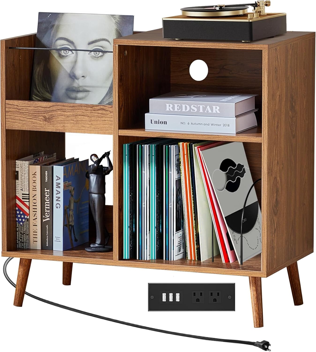 Mid-Century Vinyl Storage Cabinet Table with Solid Wood Legs, Turntable ...