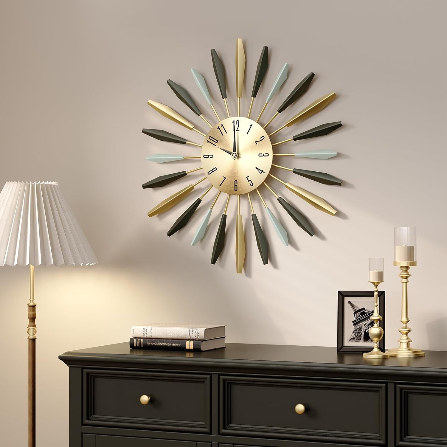 Mid Century Wall Clock, Large Metal Decorative Clock Silent Battery Operated, Colorful Sunburst ...