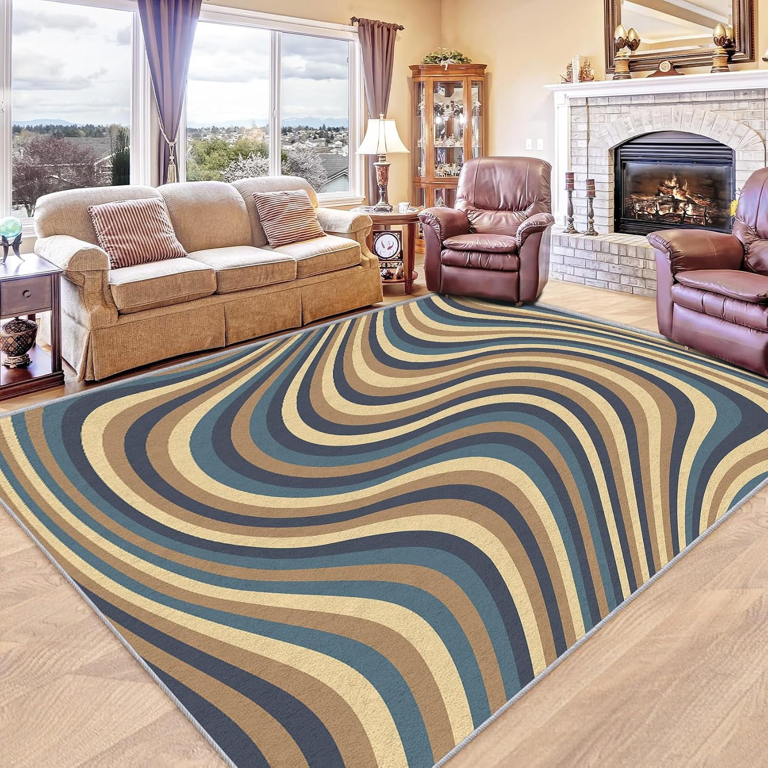 Mid Century Wave Area Rugs, Beige Blue Retro Swirl Carpet, Washable Non ...