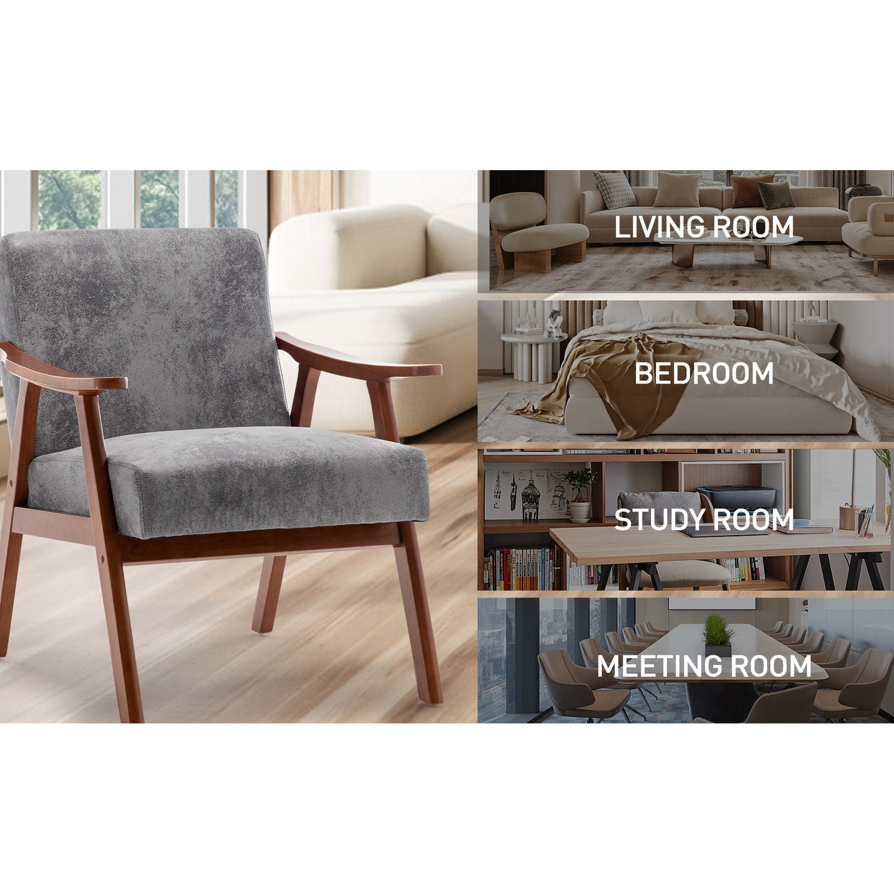 Mid-Century Wingback Chair / Grey Fabric Main Material, Sturdy ...