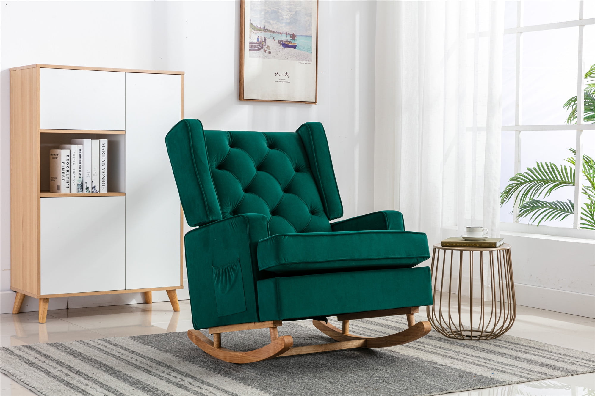 Mid-Century Wingback Rocking Chair, Tufted Upholstered High Back Rocker ...