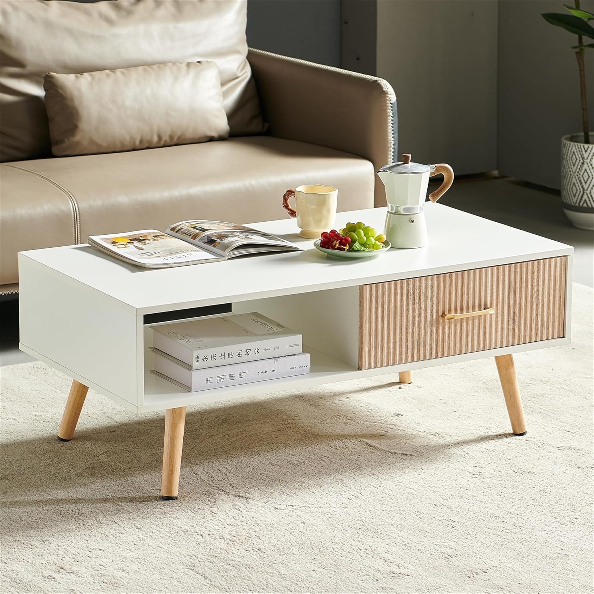 Mid Century Wooden Coffee Table with Stripe Drawer，Modern 41" Large ...