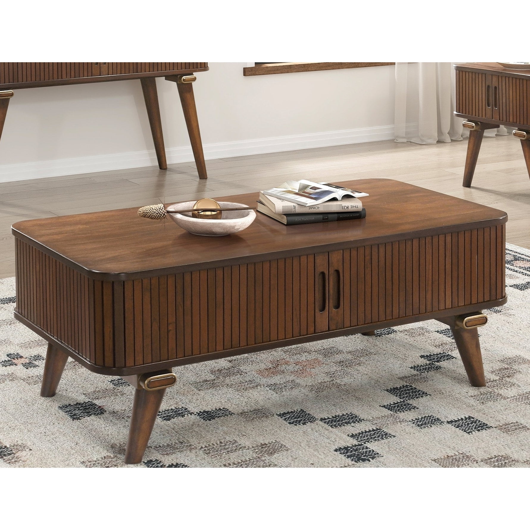 Mid - Century style wood cocktail table with tambour doors for living ...