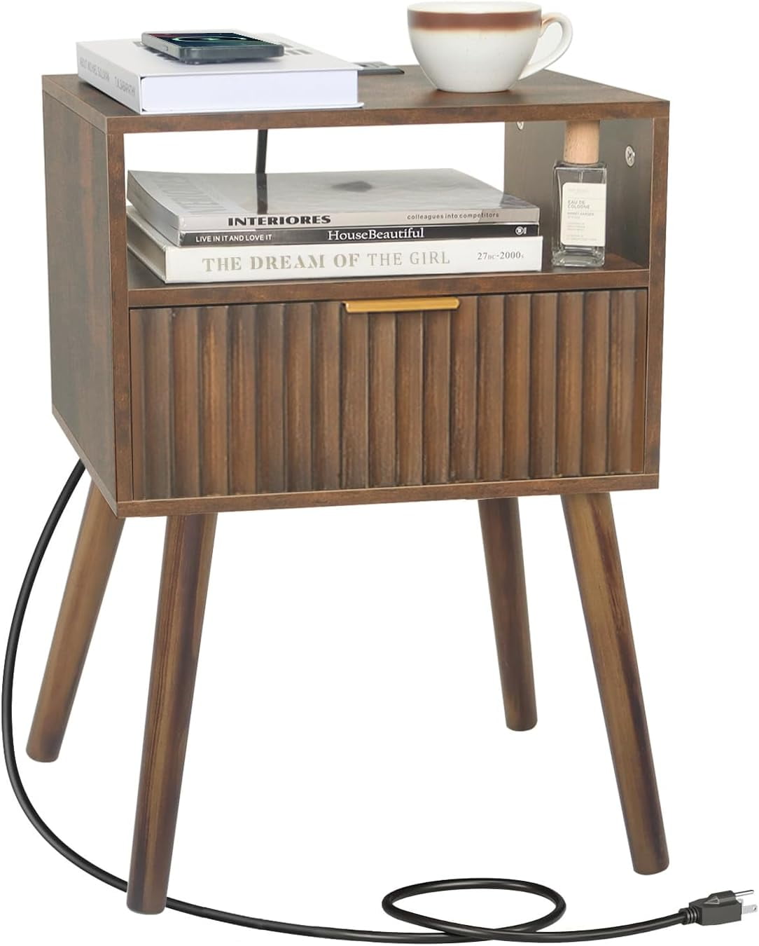 Mid Cetury Modern Nightstand with Charging Station, Fluted Bedside ...