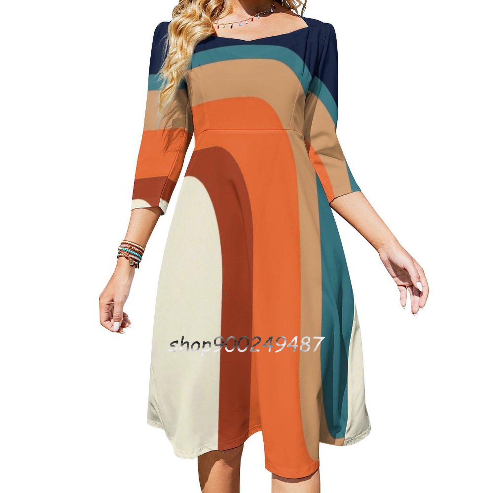 Mid-Ctury Modern Meets 1970'S Orange & Blue Flare Dress Square Neck ...